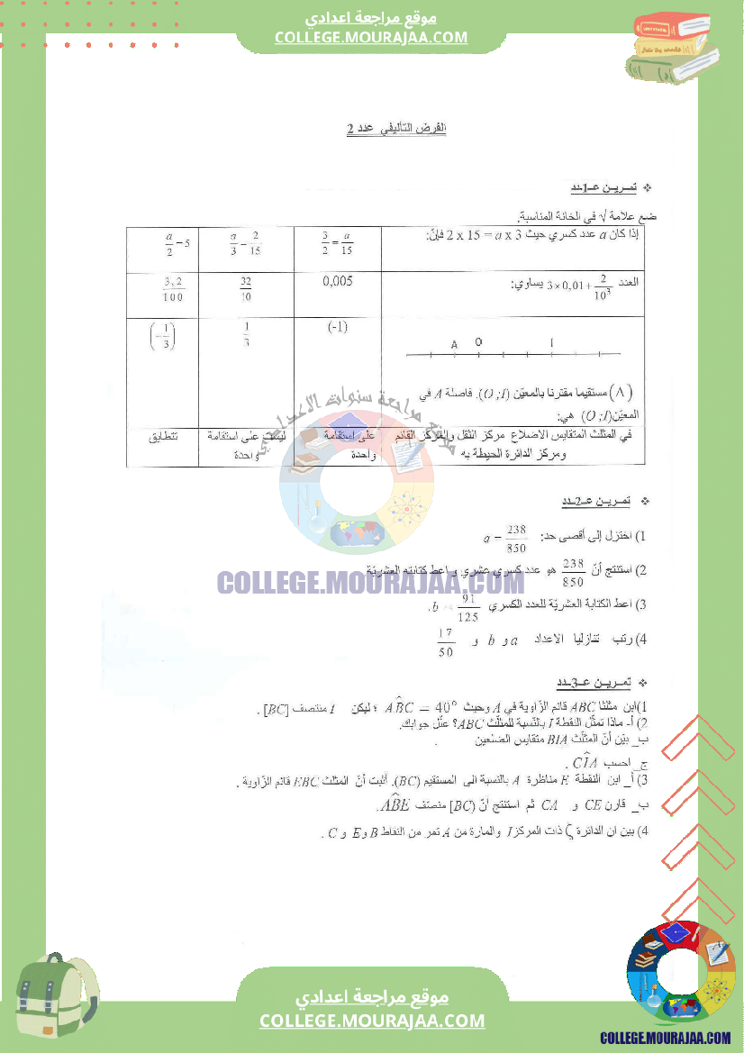 موقع مراجعة اعدادي فروض تأليفي مادة الرياضيات سنة السابعة أساسي
