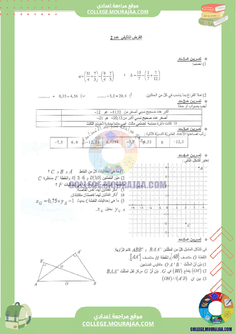 موقع مراجعة اعدادي فروض تأليفي مادة الرياضيات سنة السابعة أساسي